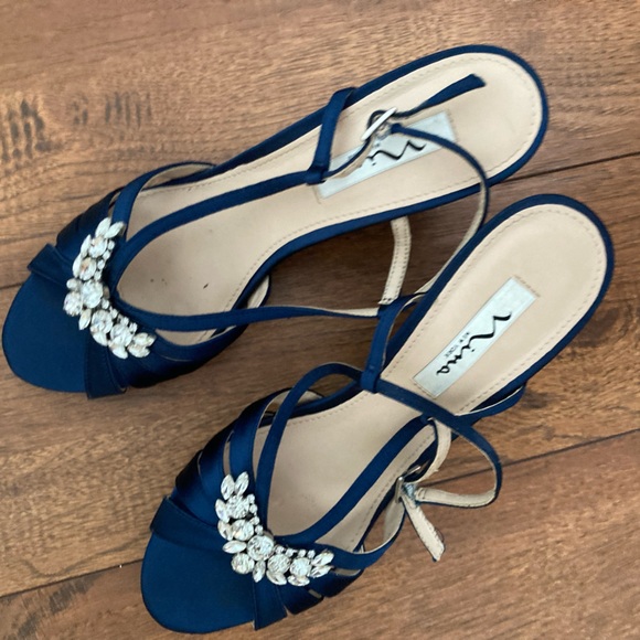 Nina | Shoes | Blue Satin Wedge Sandals With Rhinestones | Poshmark
